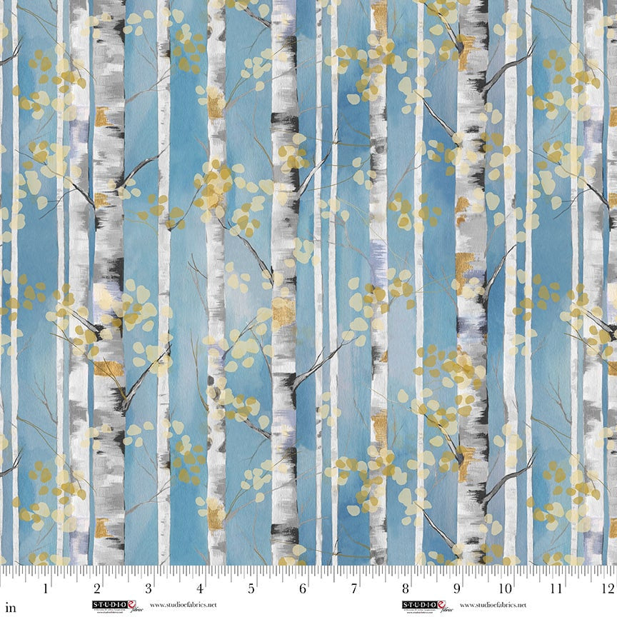 Studio E Behind Blue Eyes Birch Trees Slate Fabric