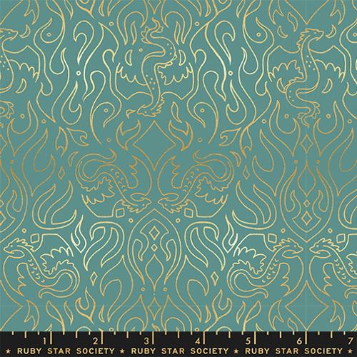 Ruby Star Society Fireglow Dragon Scribe Metallic Watercress Fabric
